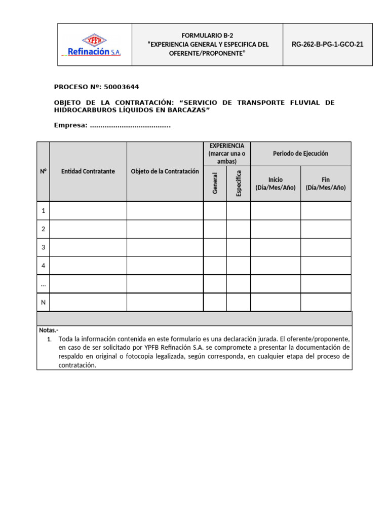Formulario B-2: Experiencia Proponente Transporte | PDF
