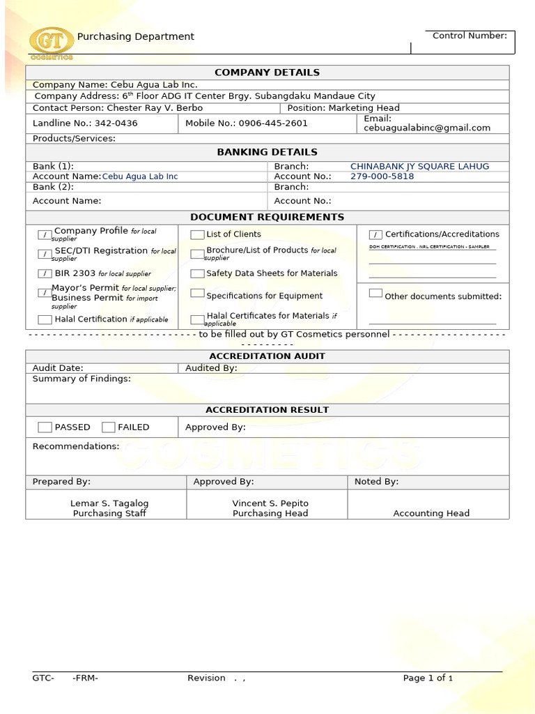GTC-PUR-FRM-002 Supplier Accreditation Rev 3.0 | PDF | Business