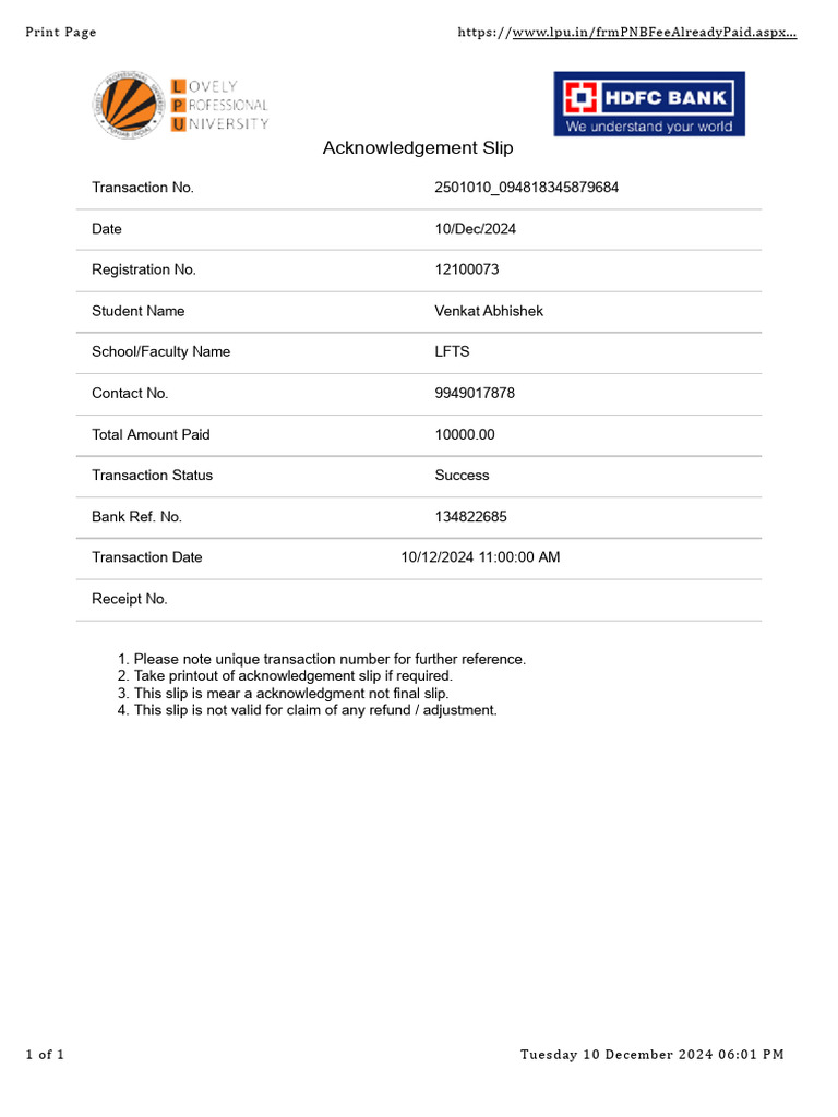 Acknowledgement Slip: Print Page | PDF