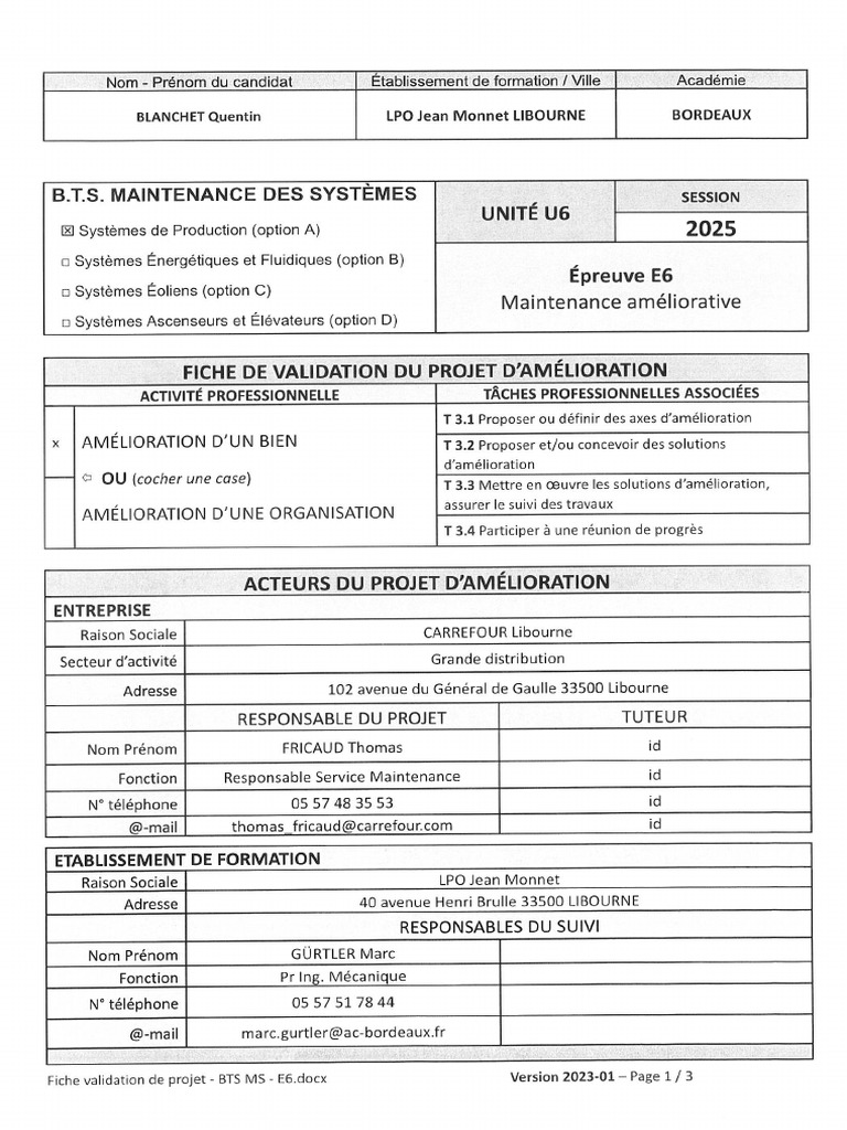 BLANCHET Quentin Fiche Validation de Projet Bts Ms Session 2025 CDC Signed | PDF