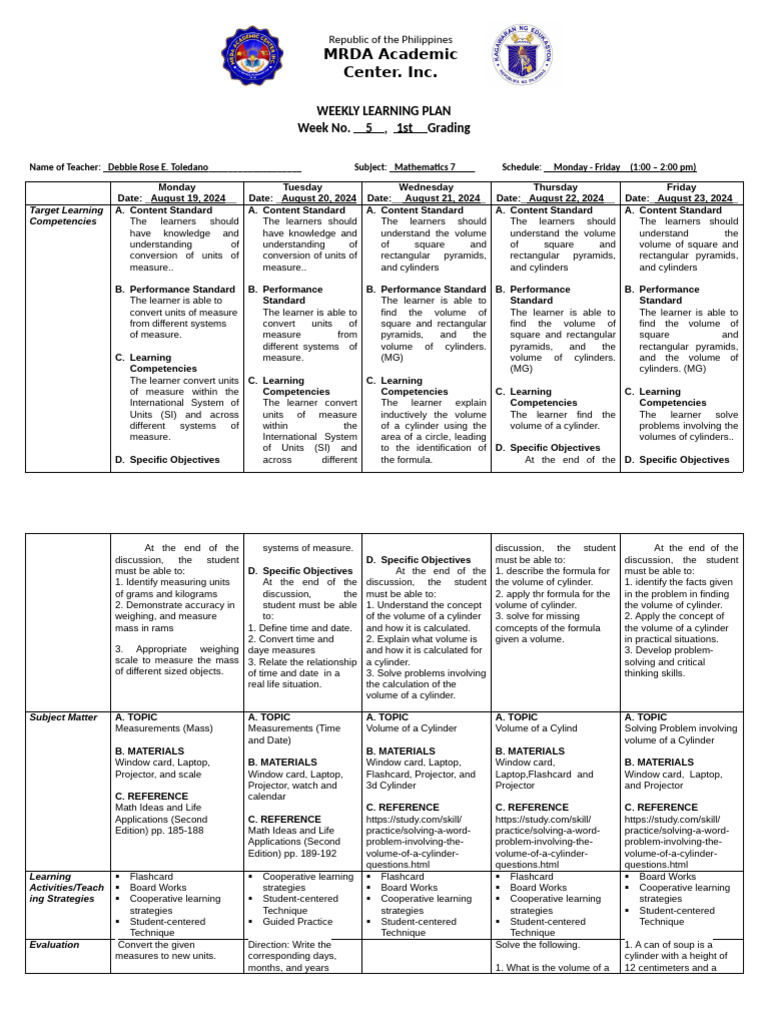Weekly-Learning-Plan-Week 5-Math 7 | PDF | Kilogram | Volume