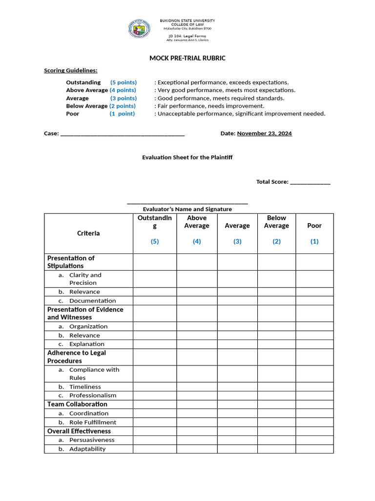 Mock-Pre-Trial-Rubric | PDF | Public Law | Common Law