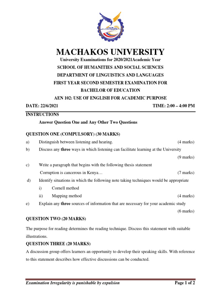 Aen 102 Use of English For Academic Purpose | PDF | Speech | Question