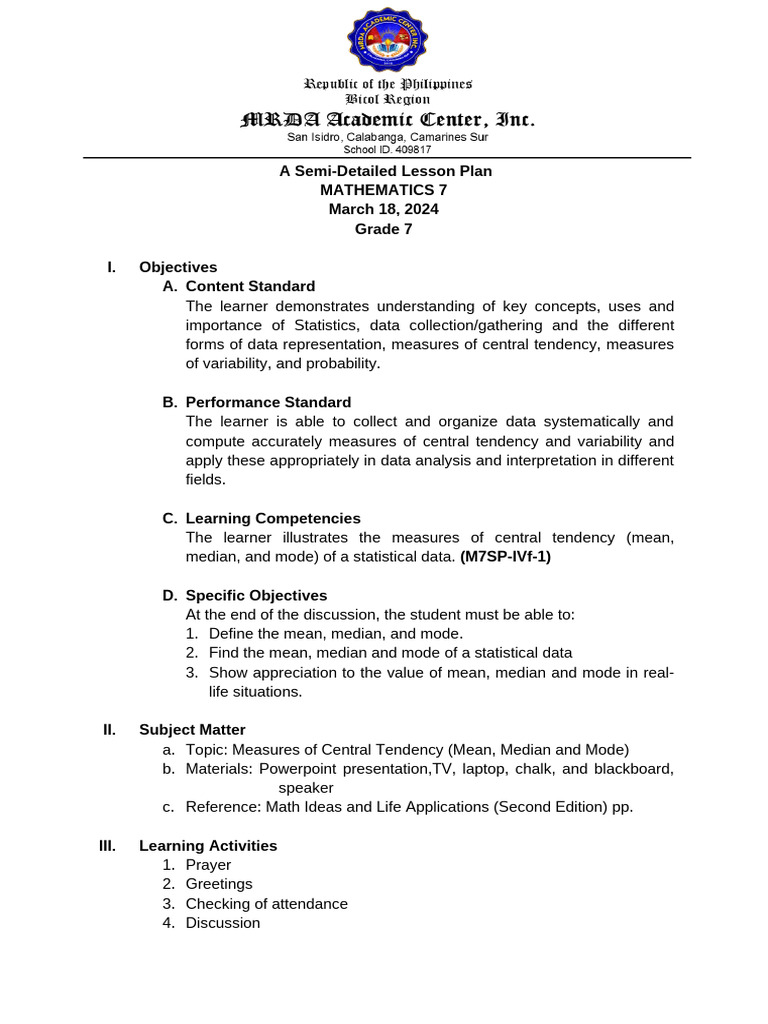 Semi-Detailed Lesson Plan in Math 7 Mean, Median Mode | PDF | Mean ...