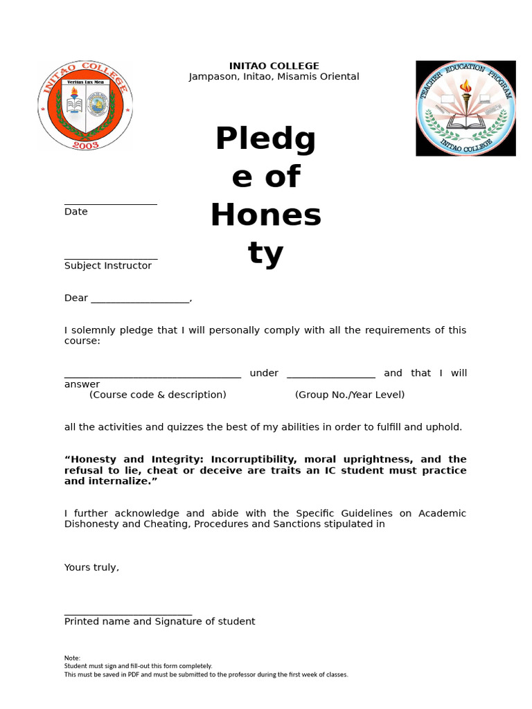 Student Honesty Pledge Template | PDF
