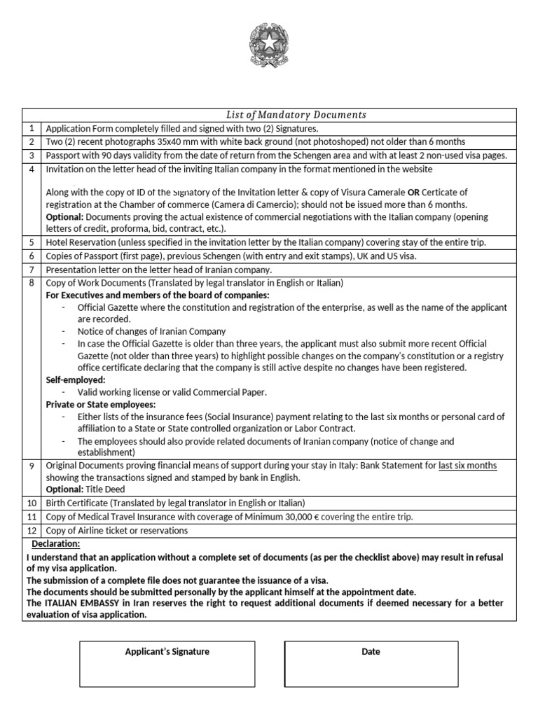 Italy Business Visa Document Checklist | PDF | Travel Visa | Passport