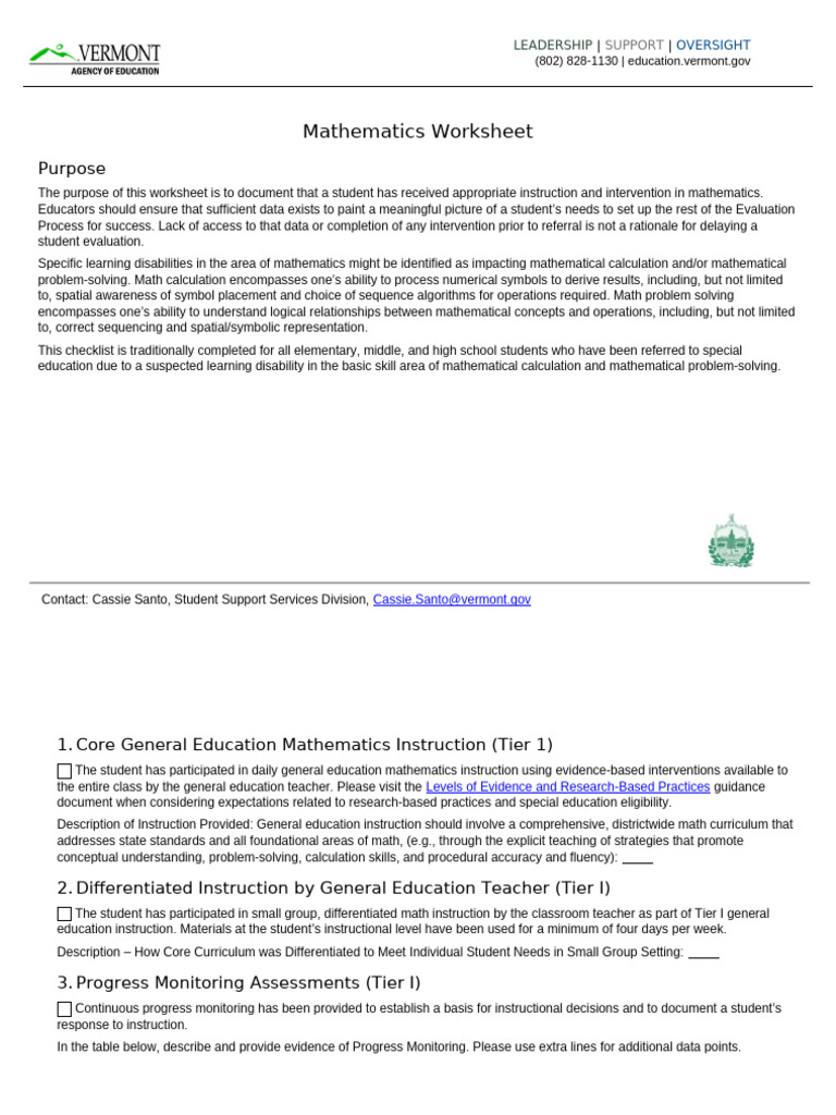 Mathematics Intervention Documentation Worksheet | PDF | Mathematics | Worksheet