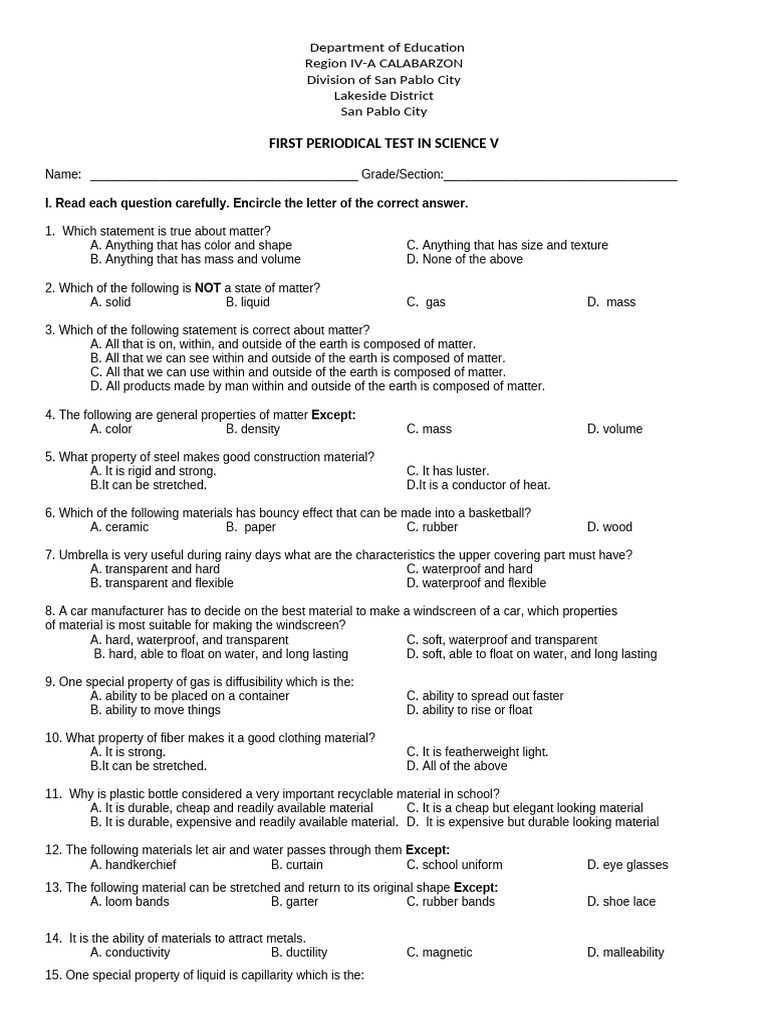 First Periodical Test-Science-5 | PDF | Oxygen | Water