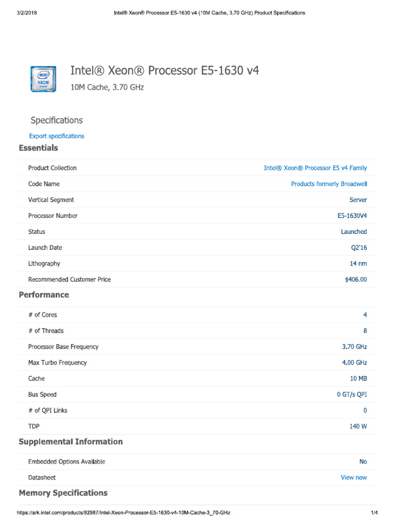 Intel® Xeon® Processor E5-1630 v4 (10M Cache, 3.70 GHZ) Product Specifications | PDF