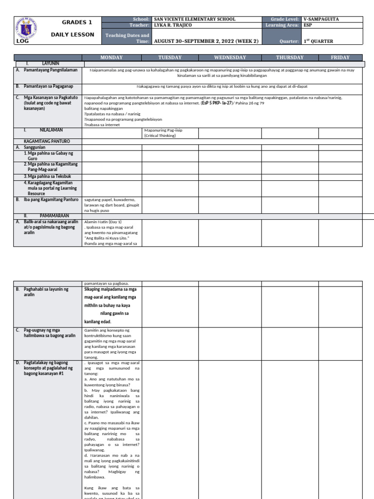 DLL_ESP 5_Q1_W1 | PDF