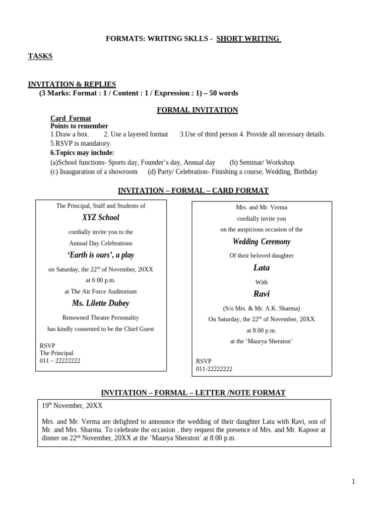 Writing Skills Formats - 2020-2023 Formal and Informal Invitations & Replies | PDF