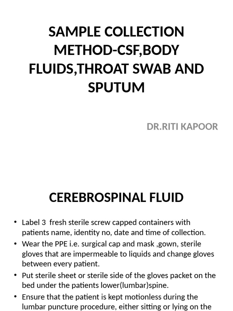Sample Collection Methodpptx | PDF | Cerebrospinal Fluid | Clinical Medicine
