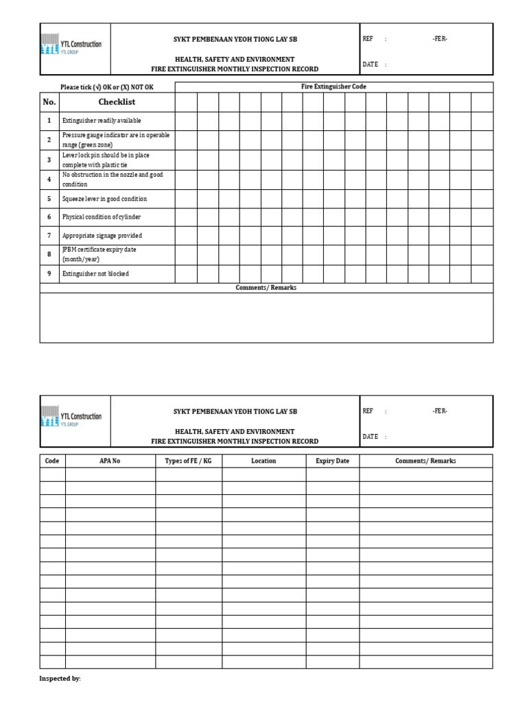 Fire Extinguisher Inspection Checklist | PDF