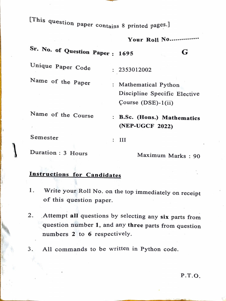 DSE Mathematical Python Pyq | PDF