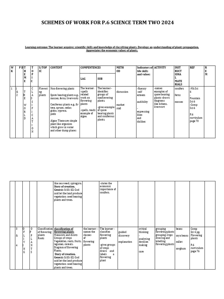 Schemes of Work For p6 Science Term Two 2023learning Outcome | PDF | Leaf | Pollination