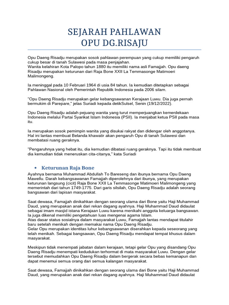 Sejarah Pahlawan Opu DG - Risaju | PDF