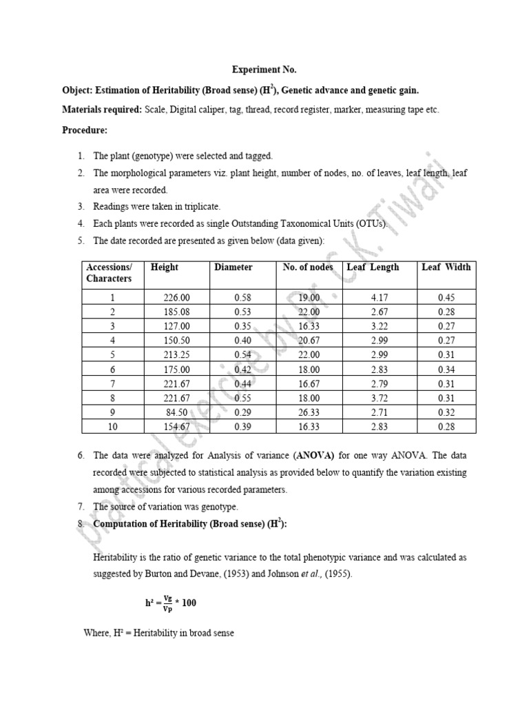 AGP 122 Practical Calculation of Heritability, Gentic Advance and ...