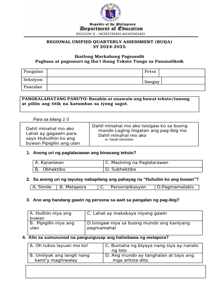 Filipino 11-Pagbasa at Pagsusuri NG Iba't Ibang Teksto Tungo Sa ...