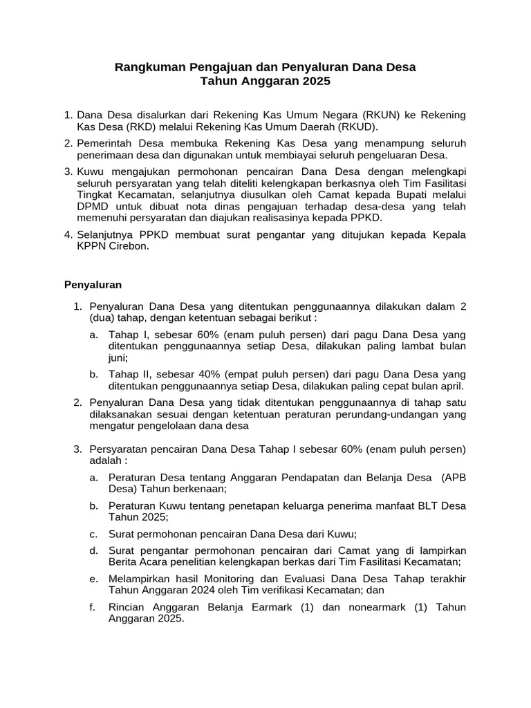 Rangkuman Pengajuan Dan Penyaluran Dana Desa Tahun 2025 | PDF