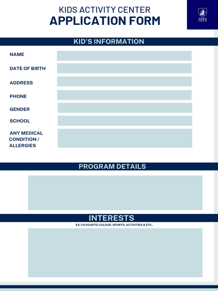 Kids Activity Center - Application Form | PDF