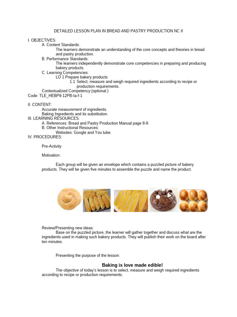 DETAILED LESSON PLAN IN BREAD AND PASTRY PRODUCTION NC I1 New | PDF ...