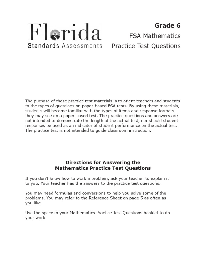 6th Grade Fsa Practice Test 20-21 | PDF | Units Of Measurement ...