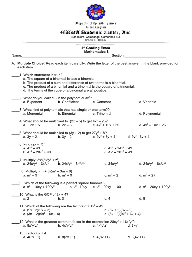 1st Grading Exam in Math 8 | PDF | Polynomial | Mathematical Analysis