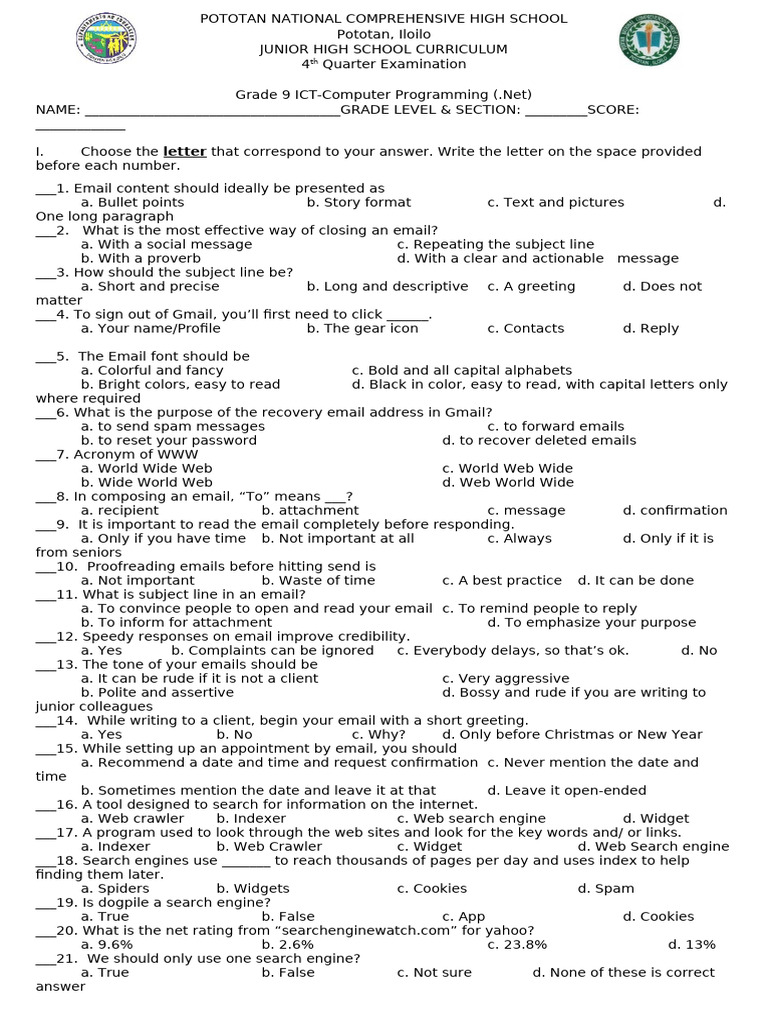 Grade 9 ICT Email & Programming Exam | PDF | Gmail | World Wide Web