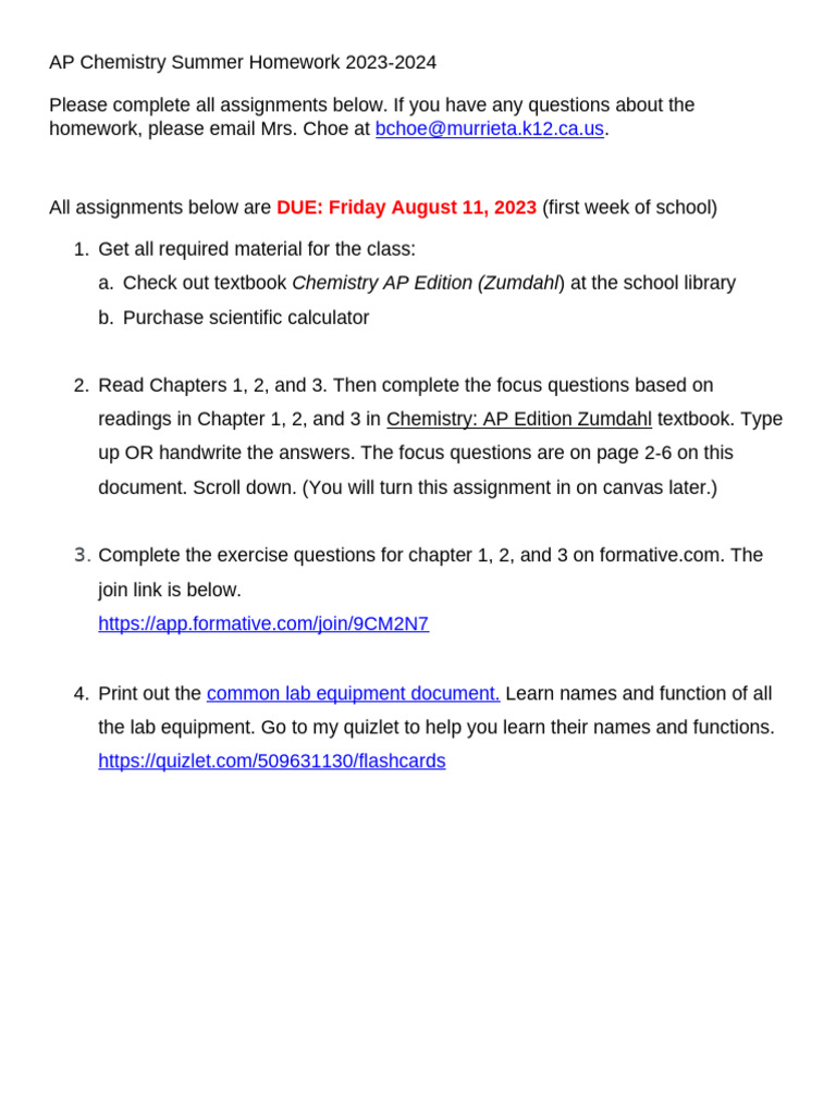 AP Chemistry Summer Homework 2023 | PDF | Ion | Stoichiometry