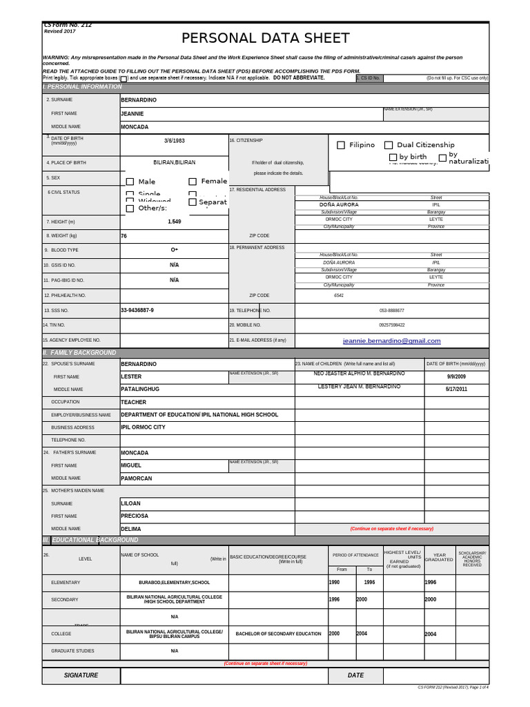 CS Form No. 212 Personal Data Sheet Revised | PDF | Government