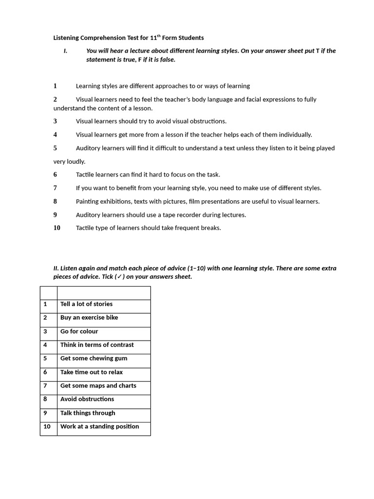 Listening Comprehension Test For 11th Form Students 2025 | PDF