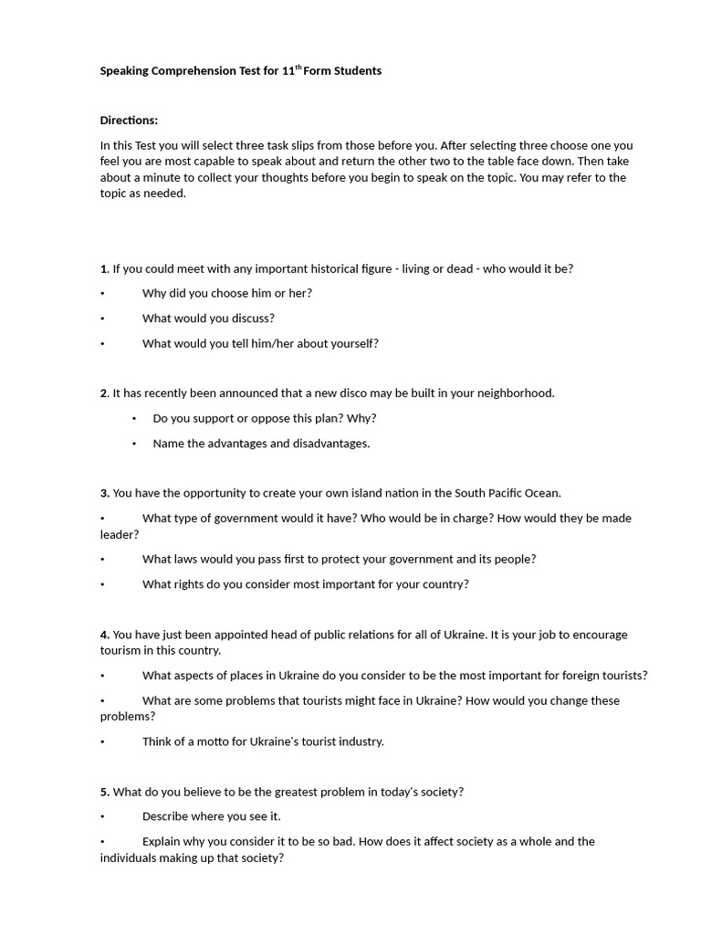 Speaking Comprehension Test for 11th Form Students 2025 | PDF | Social ...