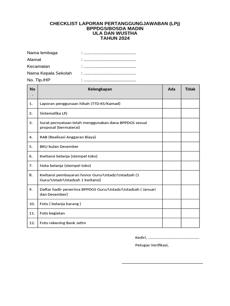 CHECKLIST LPJ BPPDGS Madin 2024 | PDF