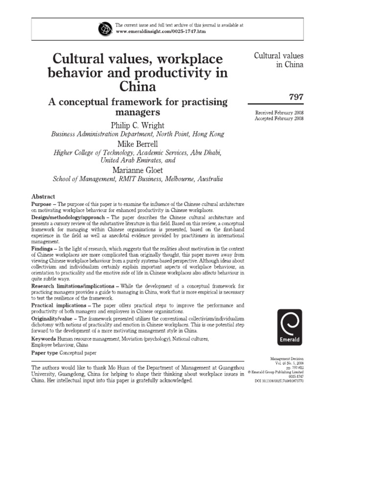 Cultural Values, Workplace Behaviour and Productivity in China, A Conceptual Framework For ...