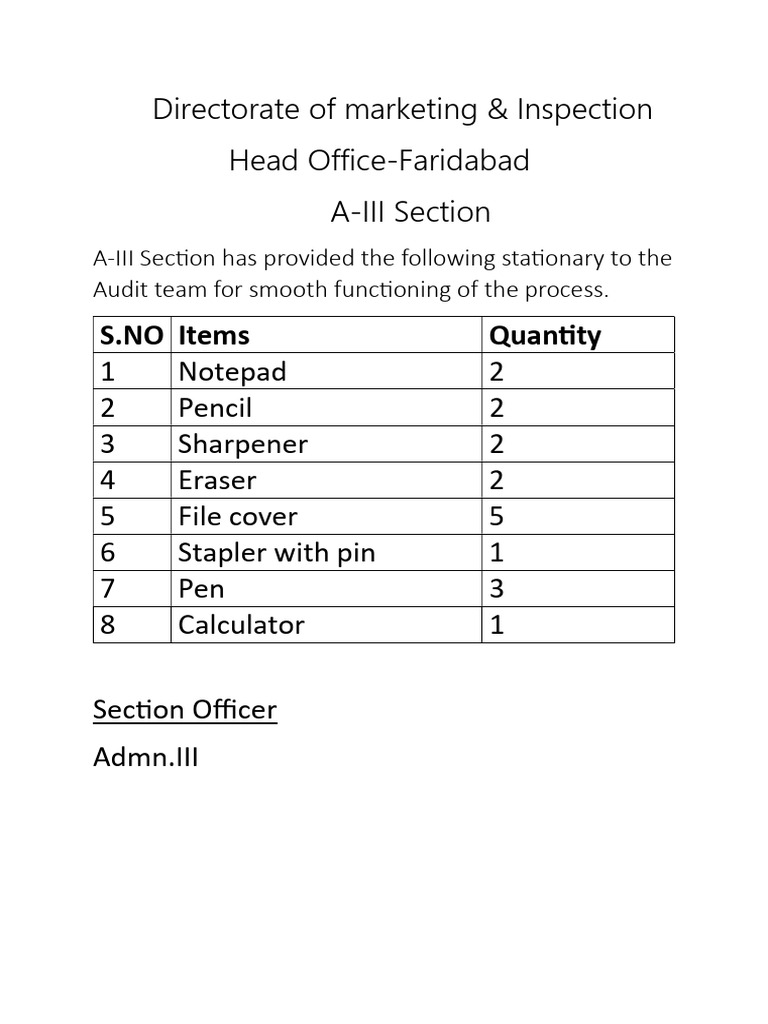 Audit Team Stationery List | PDF