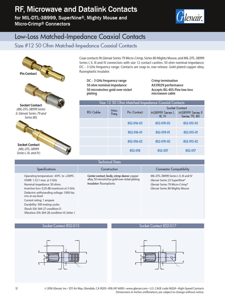 MIL-DTL-38999 Coaxial Contacts Guide | PDF | Electrical Connector ...