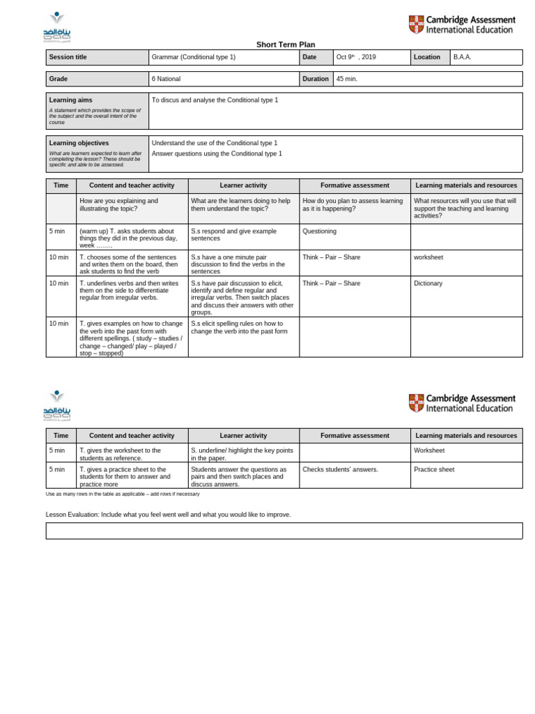 Conditional Type 1 Grammar Lesson Plan | PDF | Learning | Cognition