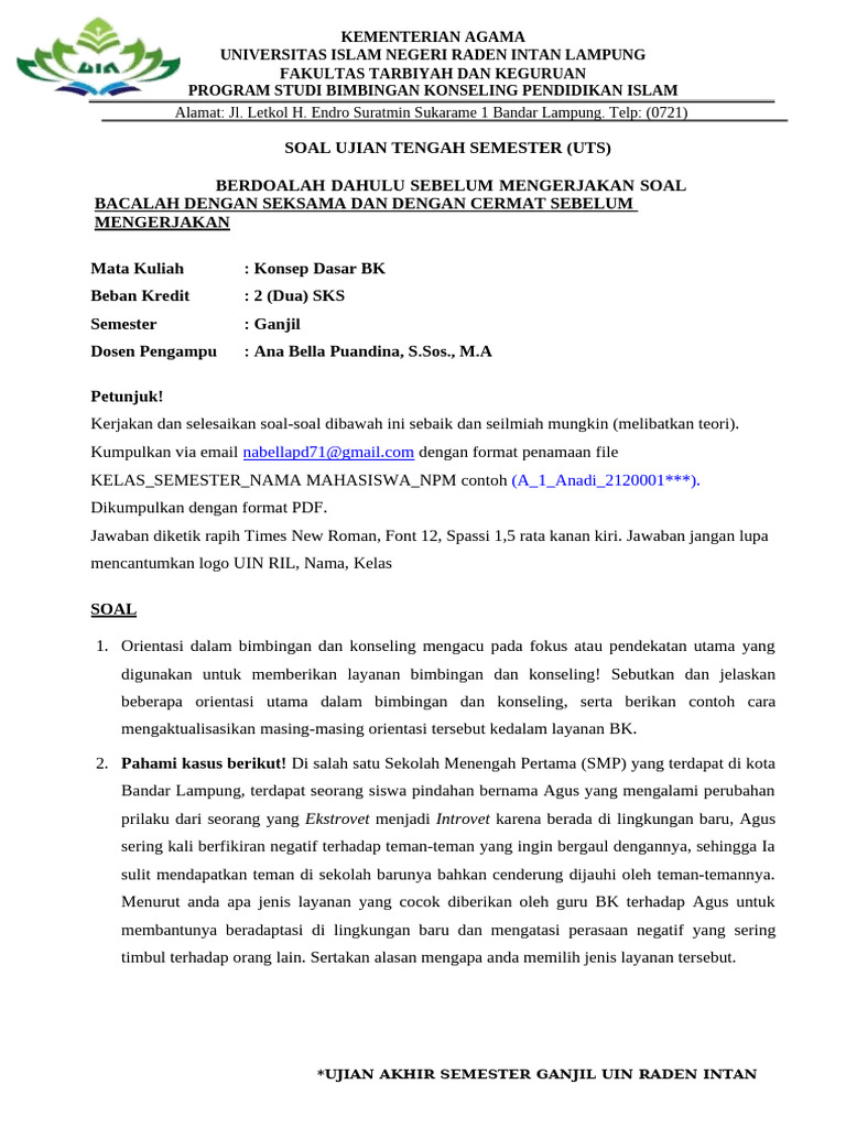 Soal UAS Ganjil Konsep Dasar BK | PDF