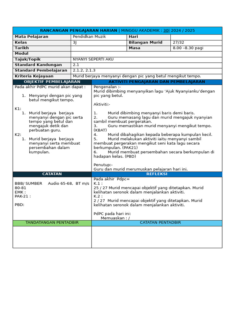 RPH Muzik Tahun 3 | PDF