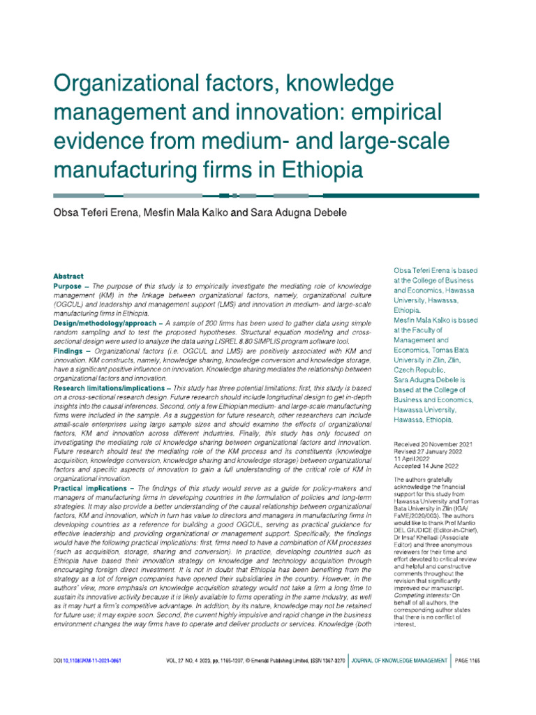 Org Factors, Knowledge MGMT in Manufacturing Units of Ethiopia | PDF