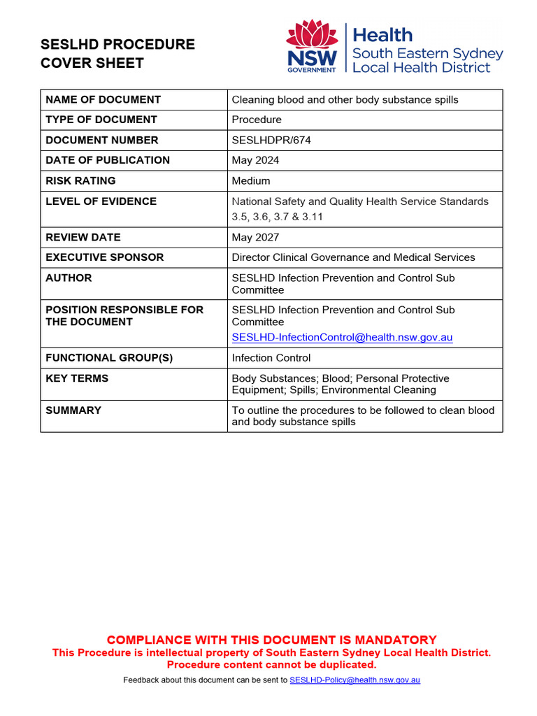 SESLHDPR 674 - Cleaning Blood and Other Body Substance Spill Procedure ...