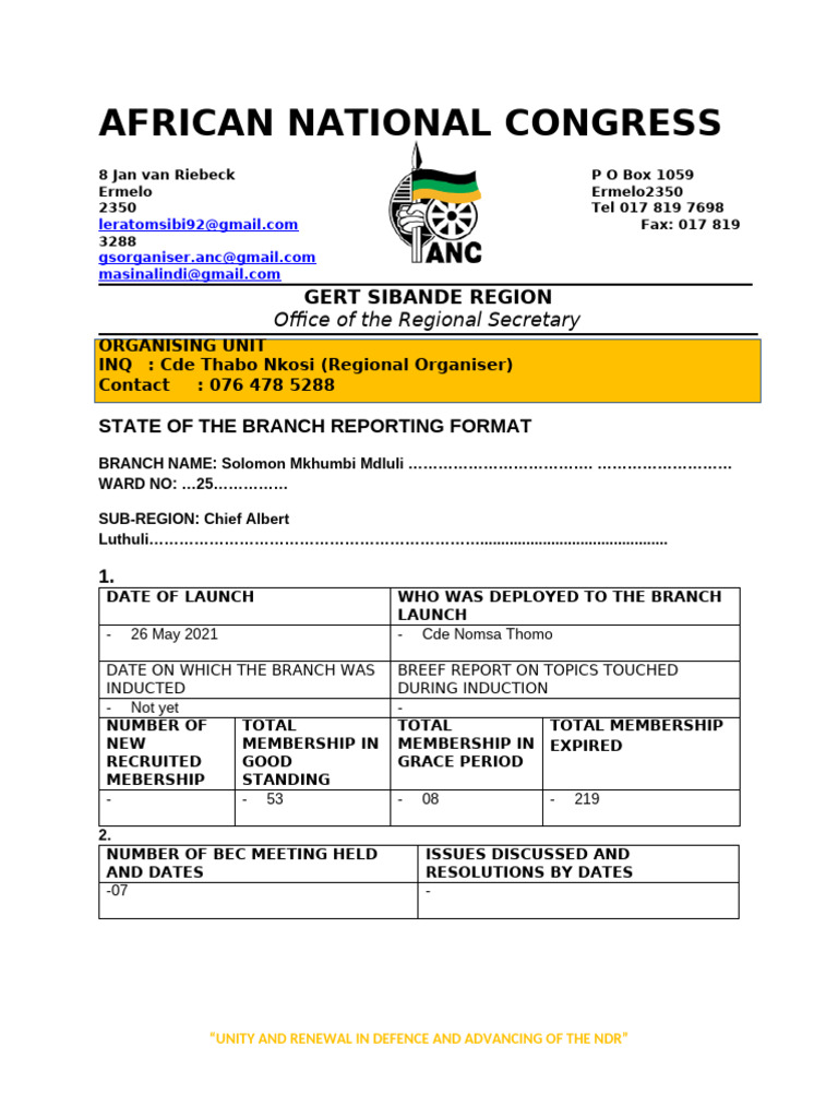 Branch Reporting Format | PDF | African National Congress | Apartheid