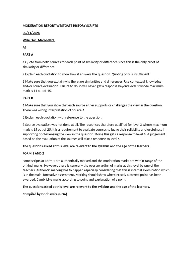 Moderation Report Westgate History Scripts End of Term 3, 2024 | PDF