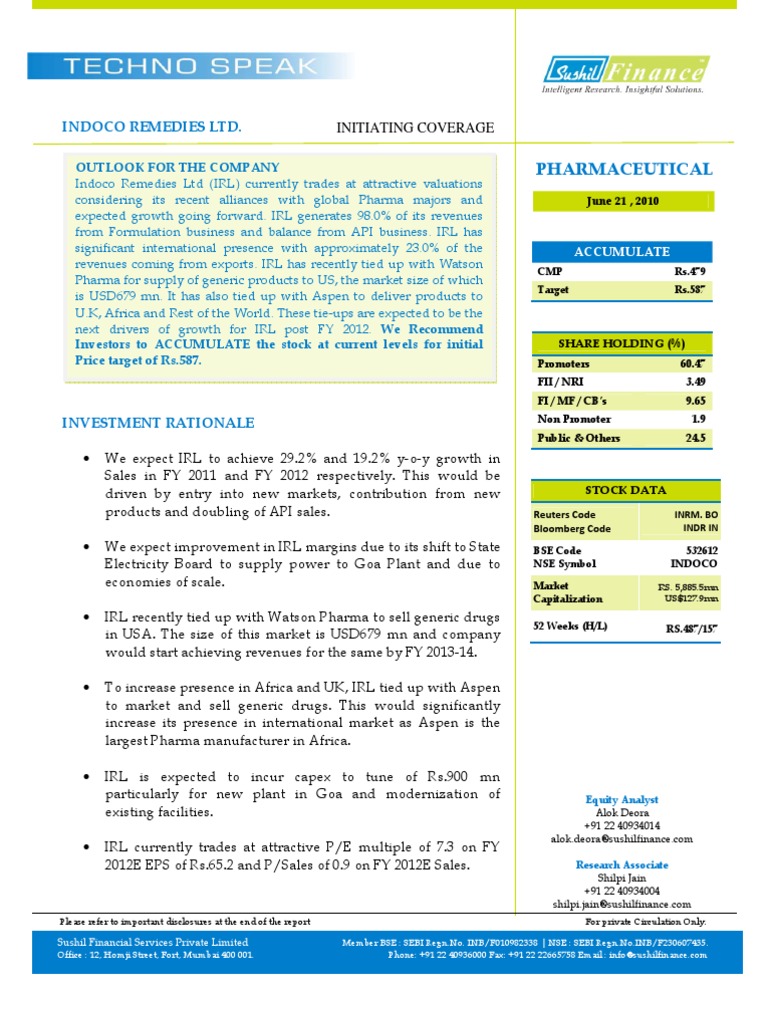 Indoco Remedies Ltd - Initiating Coverage Final | Valuation (Finance ...