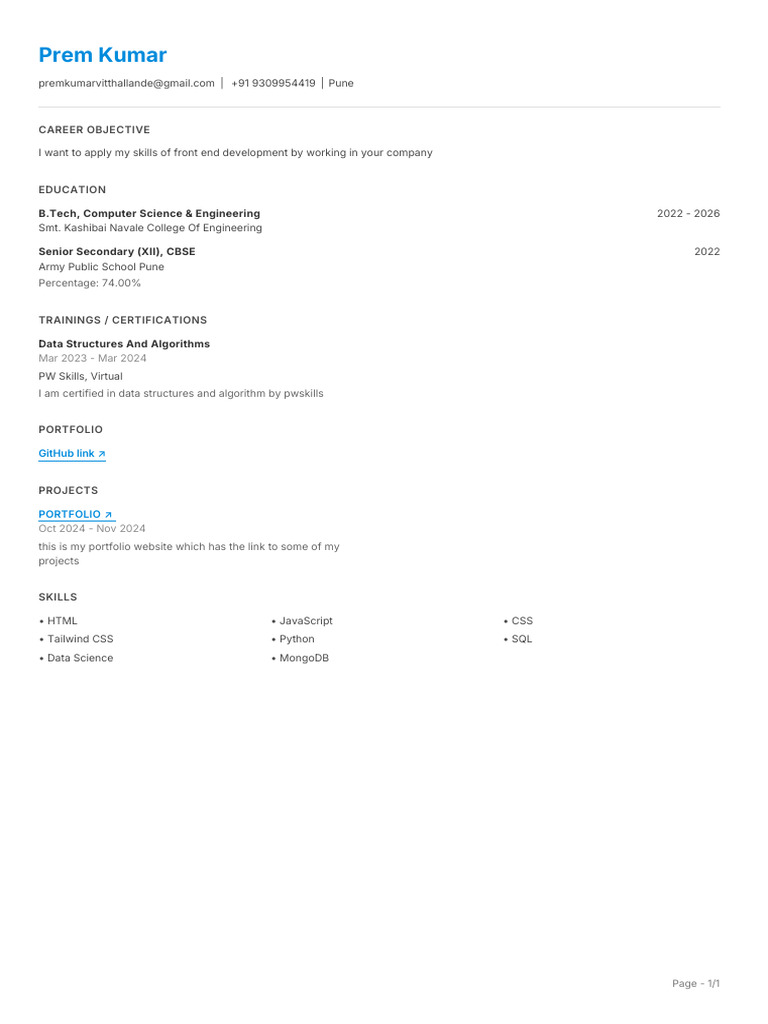 PremKumar InternshalaResume-2 | PDF