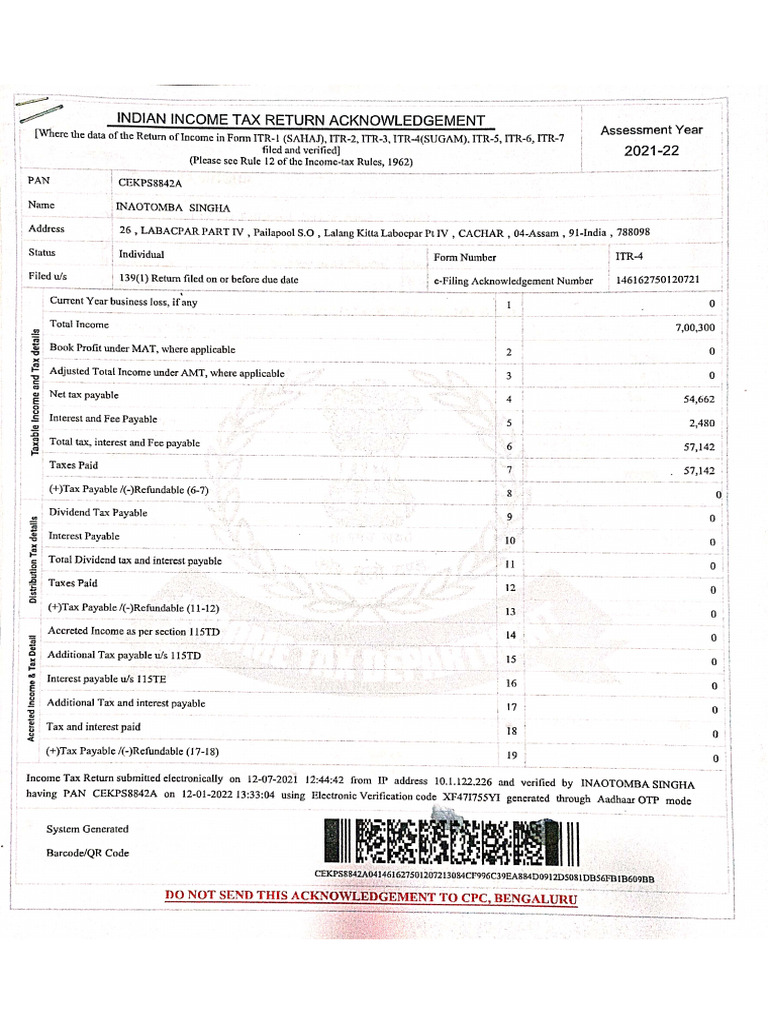 Itr Fy 21-22 1 | PDF