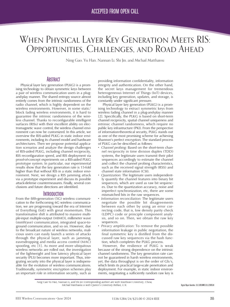 When Physical Layer Key Generation Meets RIS Opportunities Challenges ...