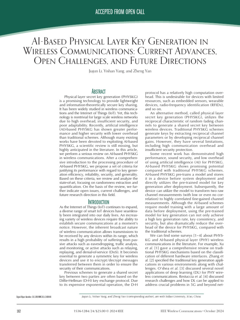 AI-Based Physical Layer Key Generation in Wireless Communications Current Advances Open ...