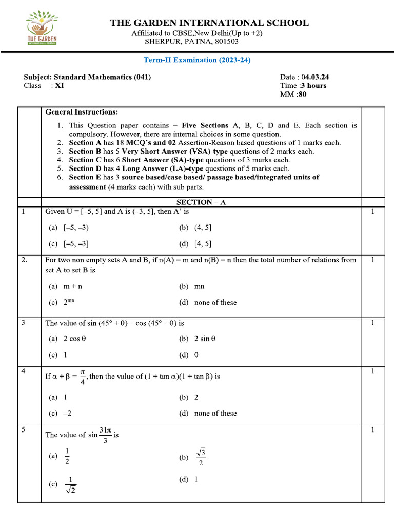 Mathematics Term 2 Grade 11 Set A | PDF