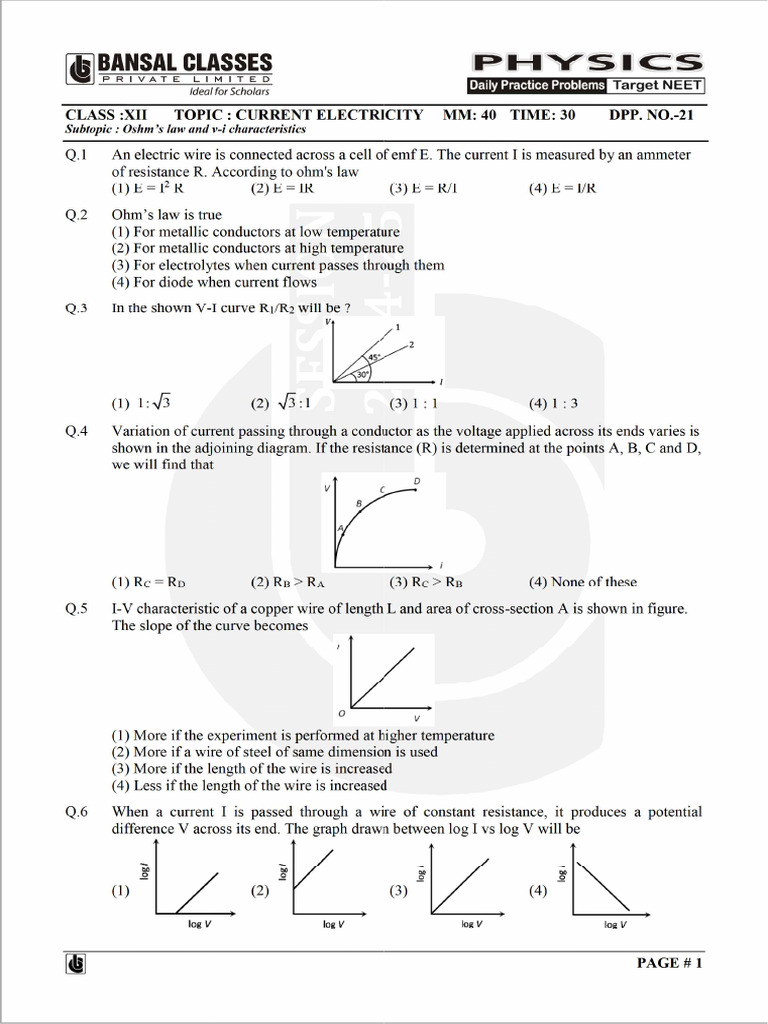 DPP-21 12th NEET PHY Current Electricity | PDF